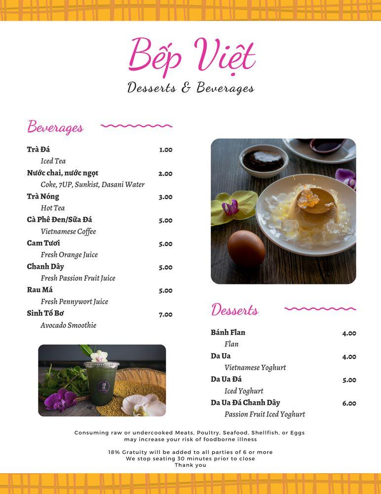 Carta de Bep Viet Restaurant, Garden Grove