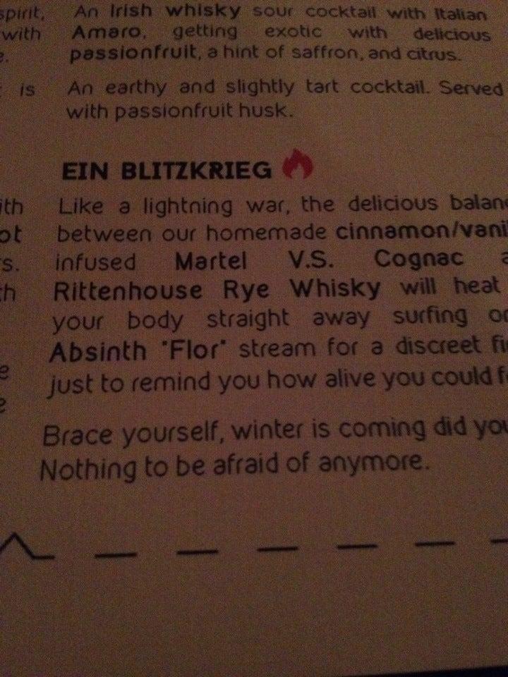 Menu at Berlin Bar, Melbourne