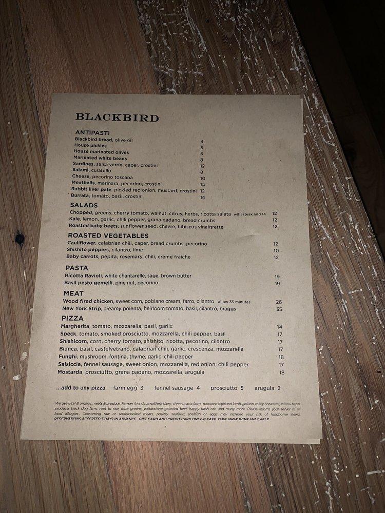 Menu at Blackbird restaurant, Bozeman