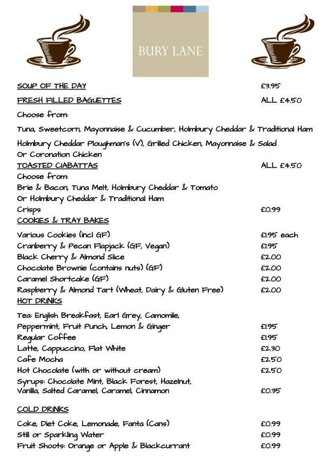 Carta del café Bury Lane Farm Shop, Royston