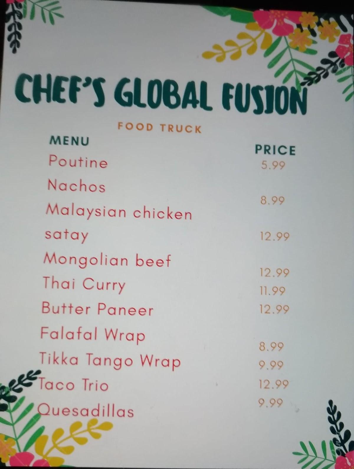 Menu at Chef's Global Fusion restaurant, Terrace, Bristol Rd