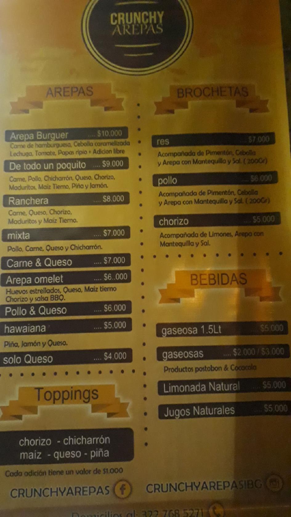 Menu at Crunchy Arepas restaurant, Colombia