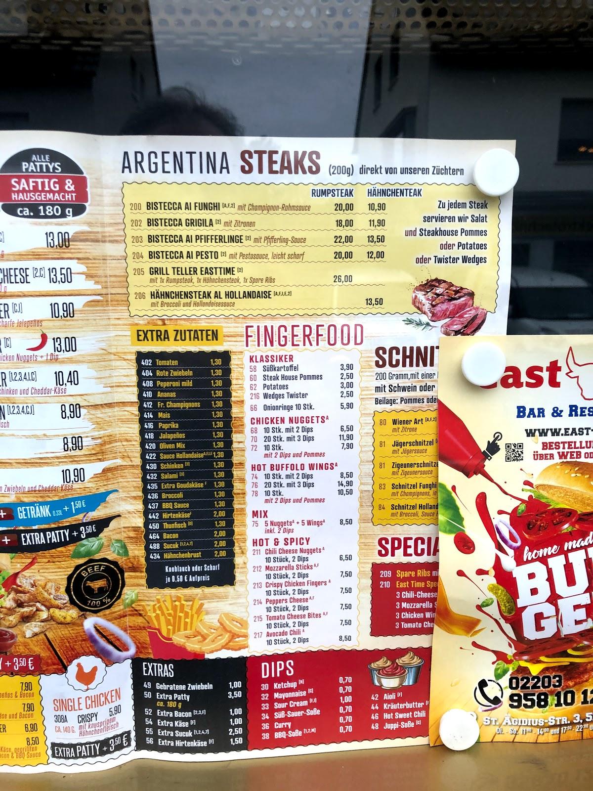 Menu at East Time (Burger) restaurant, Cologne