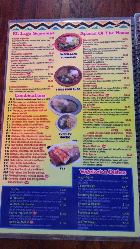 Carta de El Lago Mexican Restaurant, Lake Lure, 119 Arcade St