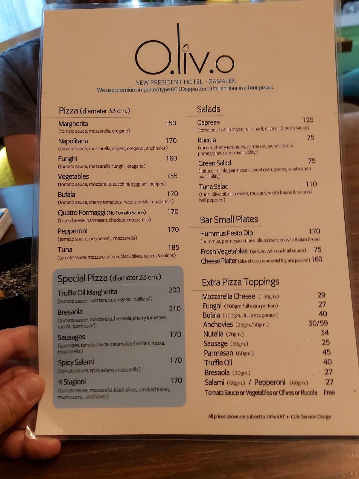 Menu at Olivo Pizzeria & Bar (Zamalek), Cairo