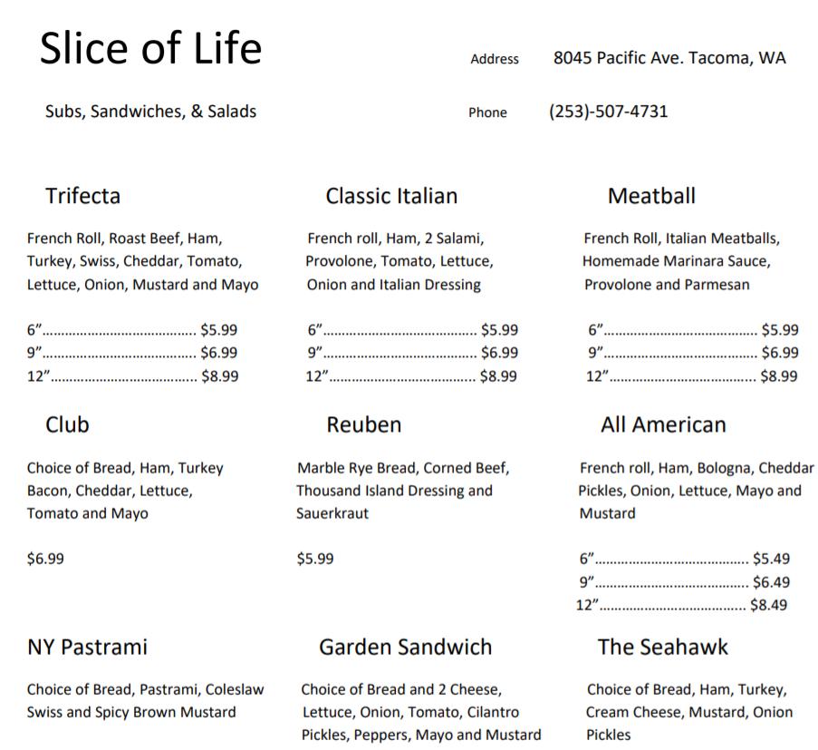 Carta de pizzería Slice of Life, Tacoma