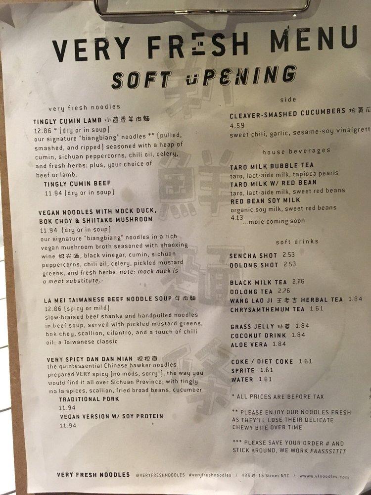 Menu at Very Fresh Noodles restaurant, New York City, 409 W 15th St
