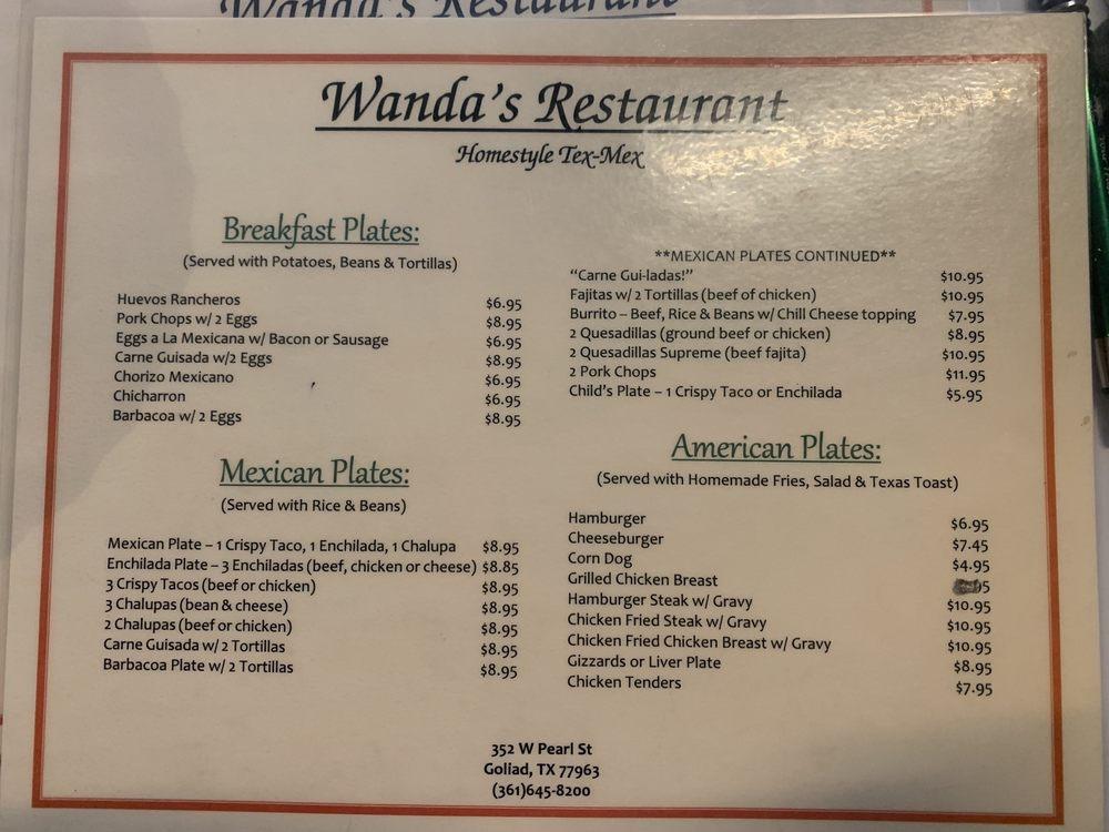 Menu at Wanda's Restraurant restaurant, Goliad
