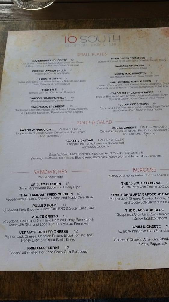 Menu at 10 South Rooftop Bar & Grill, Vicksburg, Washington St Floor 10