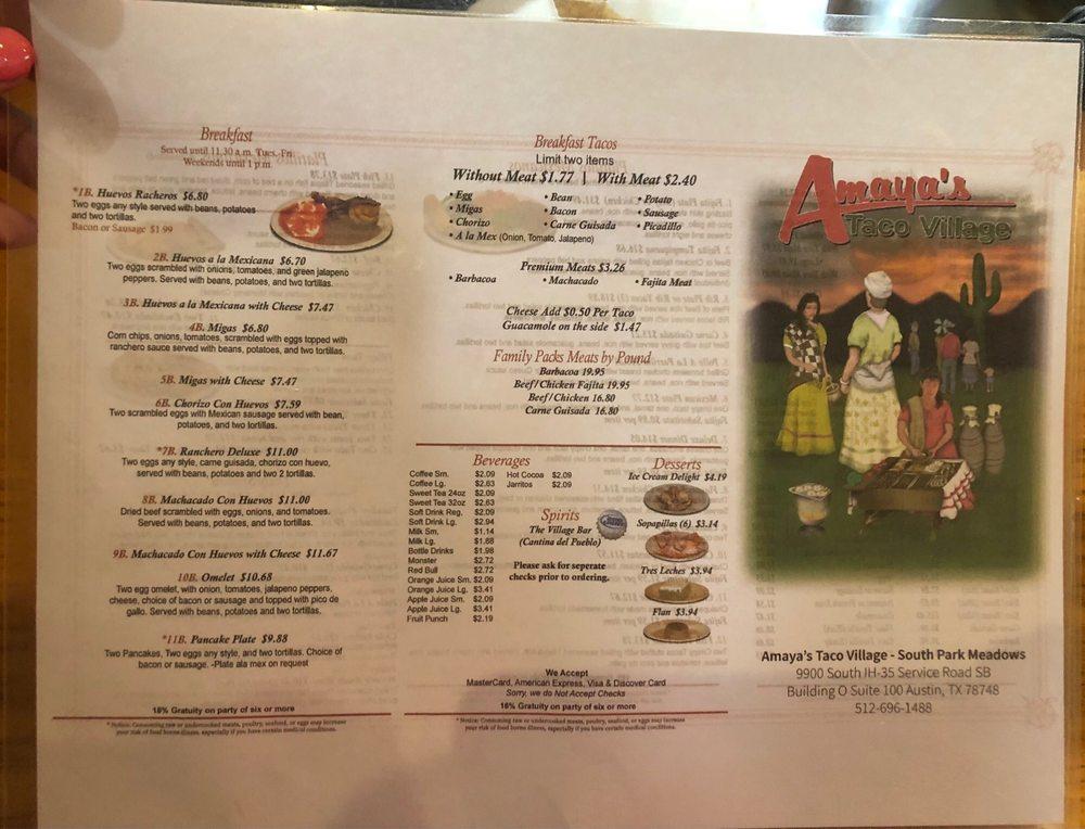 Menu at Amaya's Taco Village restaurant, Austin, N Interstate 35 ...