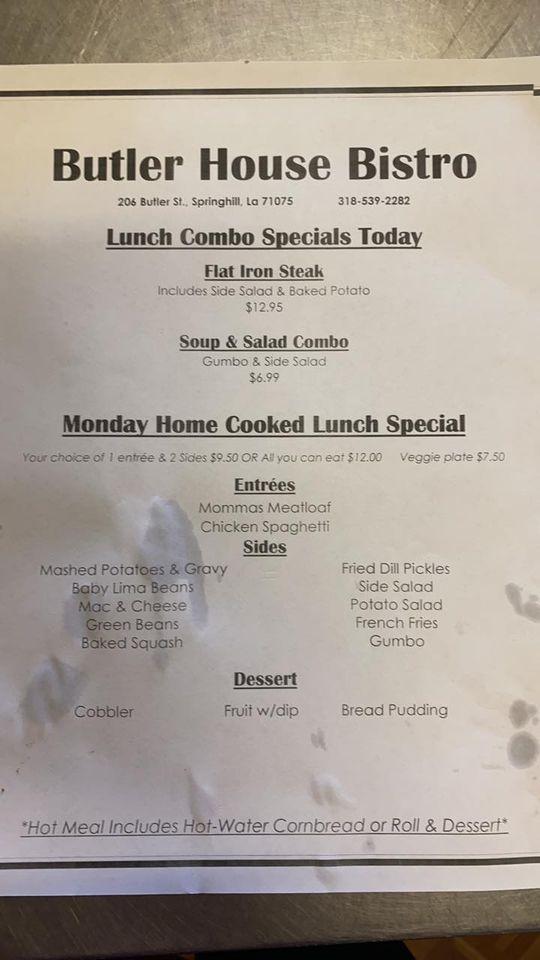 Menu at Butler House Bistro restaurant, Springhill