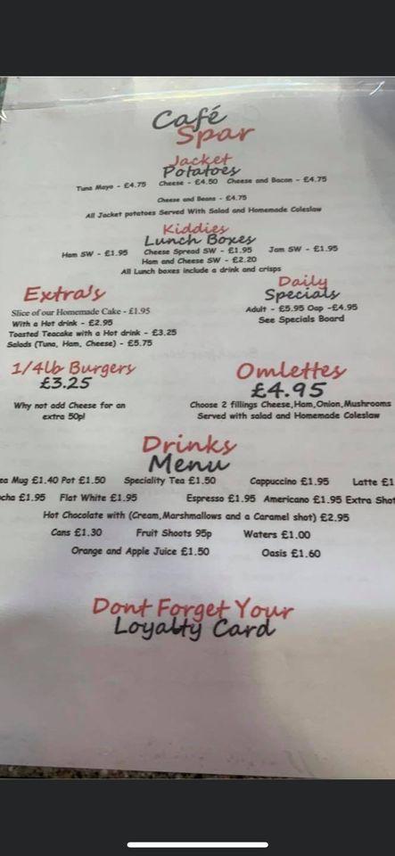 Menu at SPAR Williton cafe, Williton