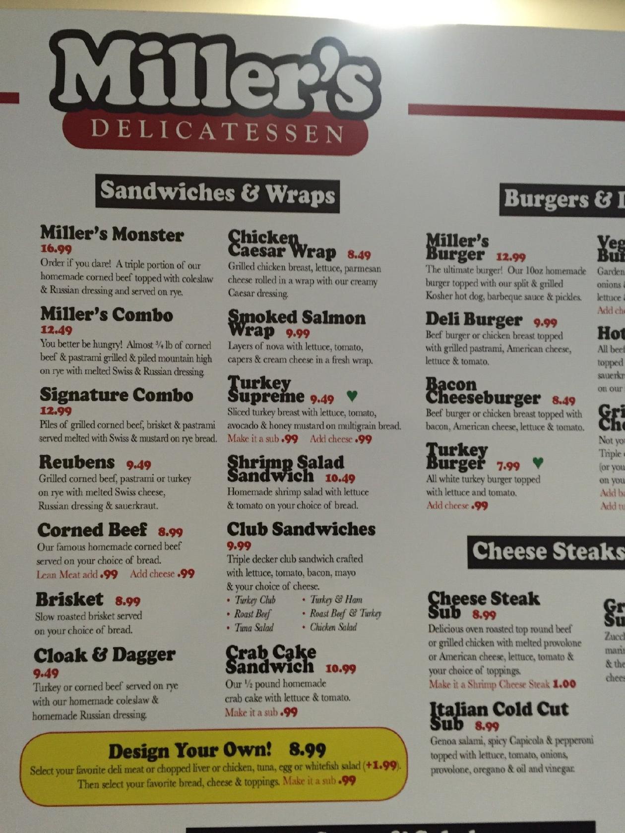 Menu at Miller's Deli restaurant, Baltimore, Smith Ave