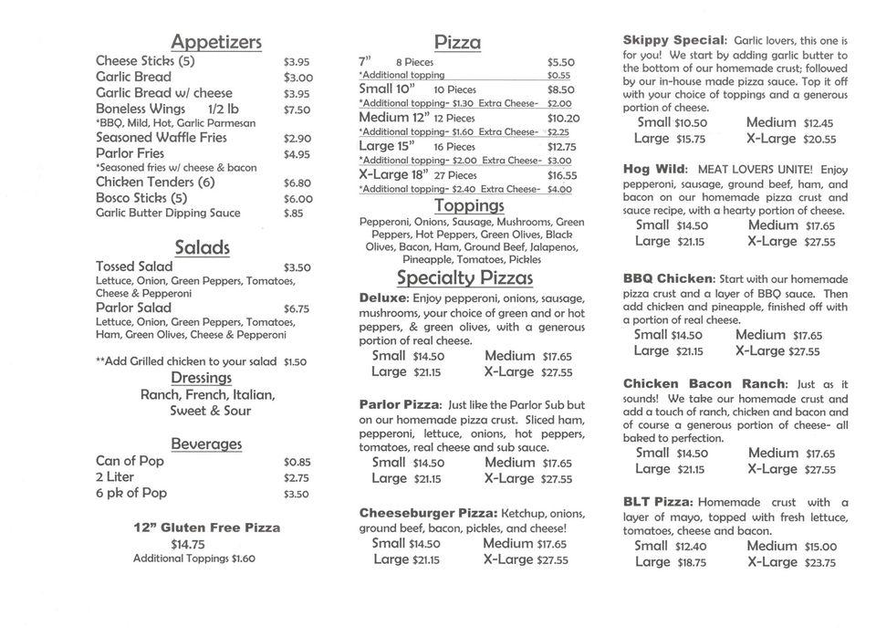 Menu at Pizza Parlor pizzeria, Shreve