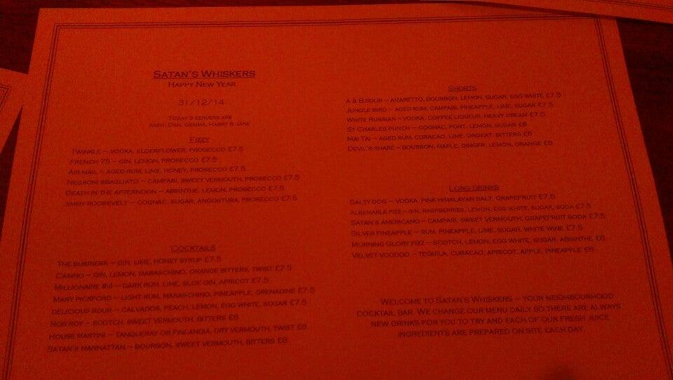 Menu at Satan's Whiskers pub & bar, London