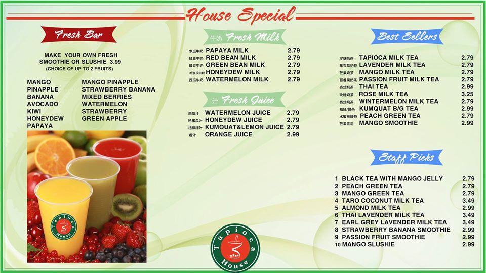Menu at Tapioca House restaurant, Austin