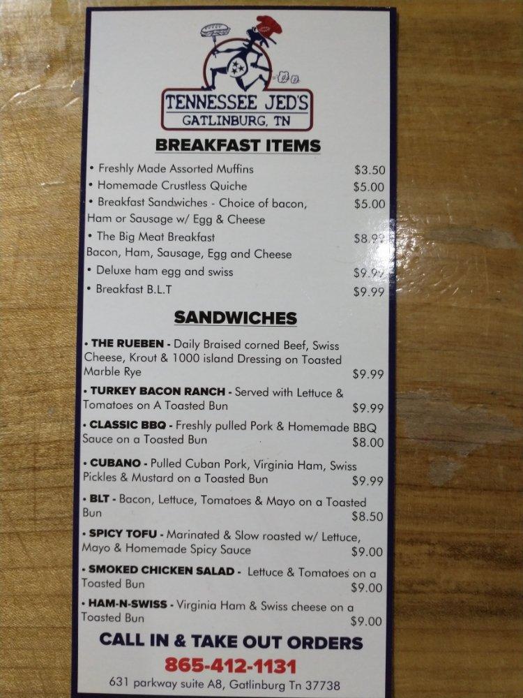 Menu at TENNESSEE JED'S cafe, Gatlinburg