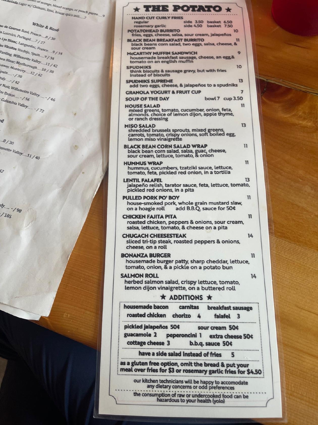 Menu at The Potato cafe, McCarthy