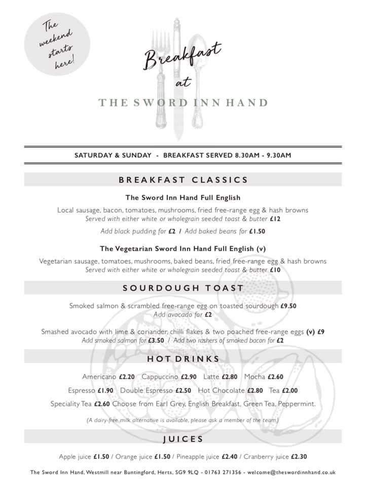 Menu at The Sword Inn Hand pub & bar, Buntingford