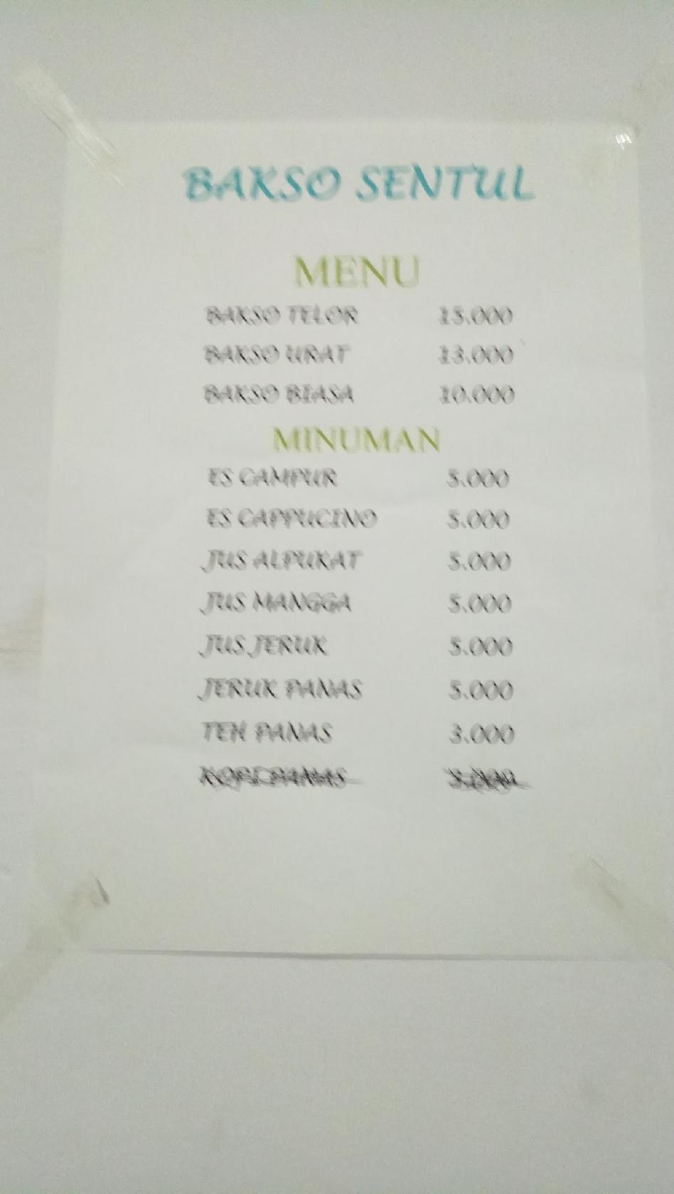 Menu at Bakso Sentul restaurant, Curup
