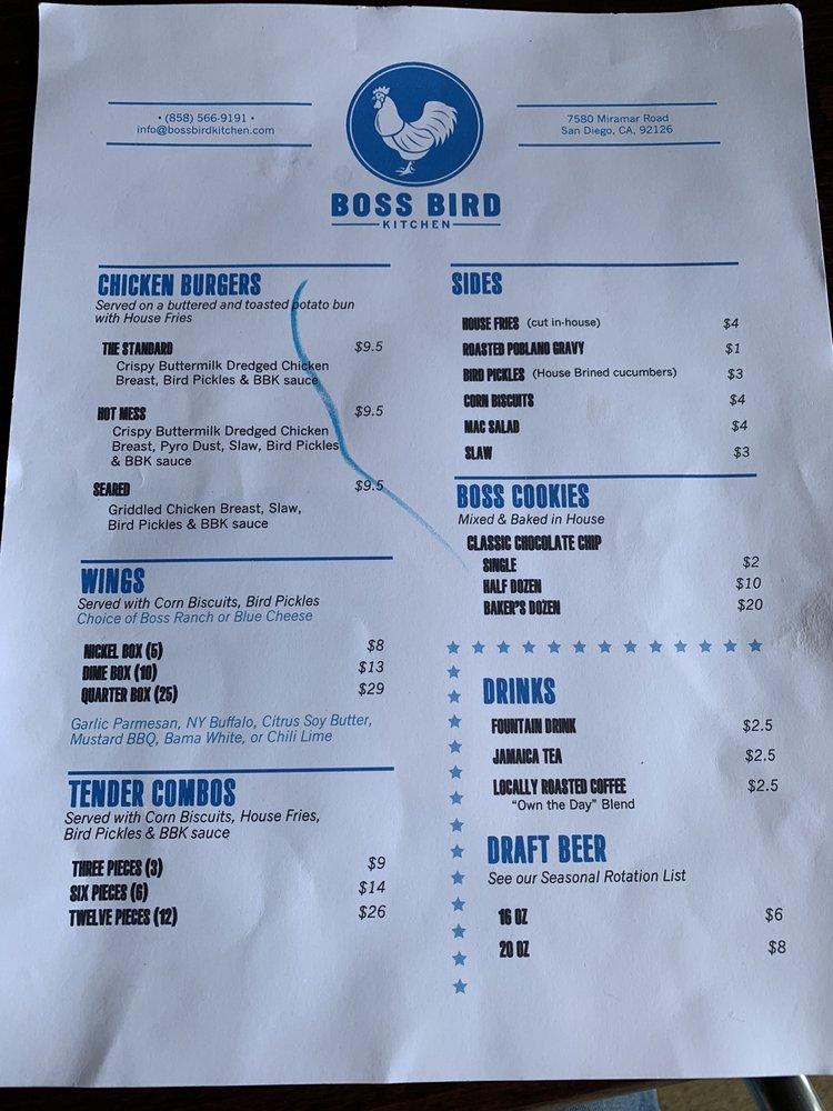 Carta del pub y bar Boss Bird Kitchen, San Diego