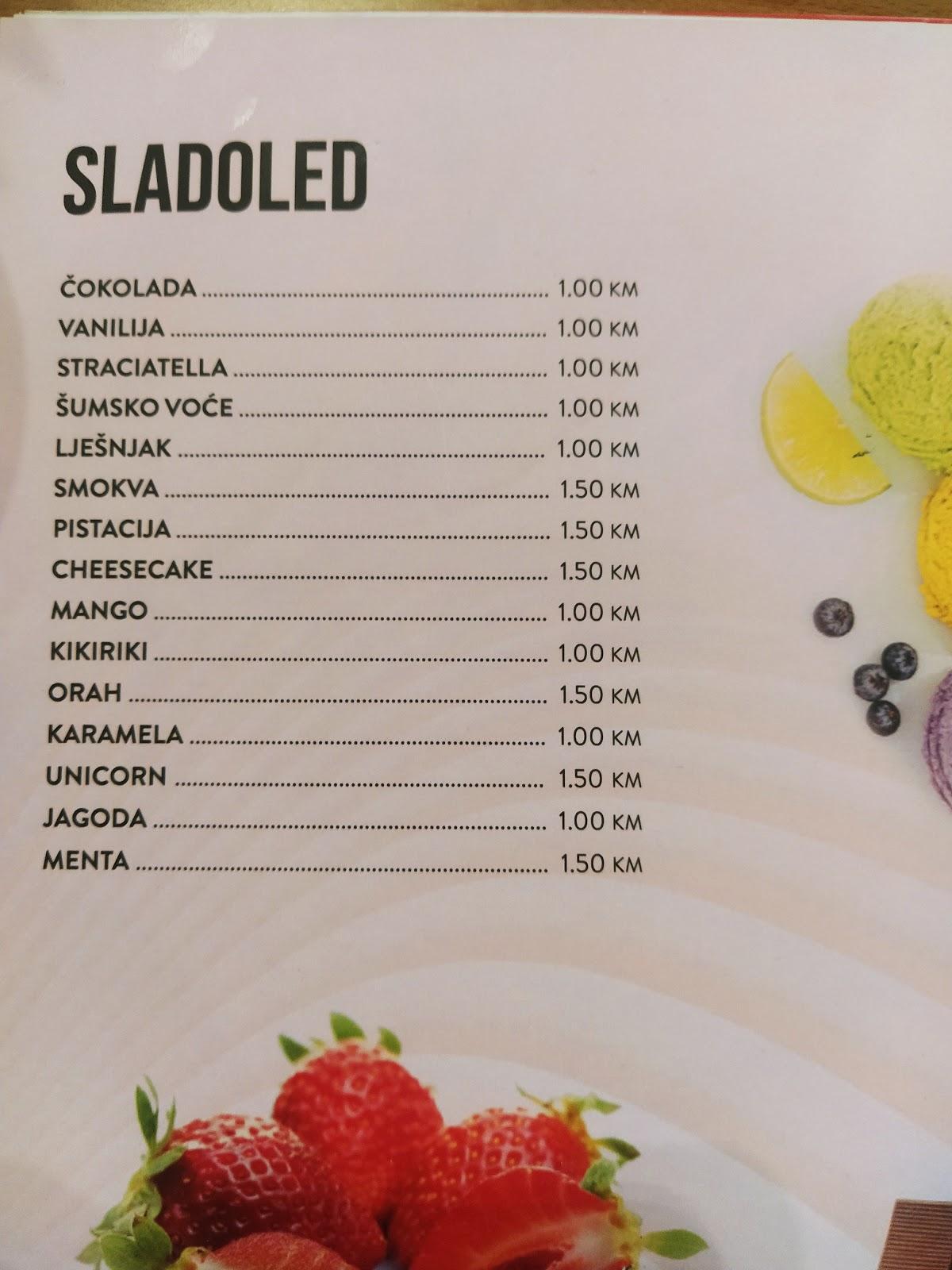 Menu at Granada café & restaurant, Mostar