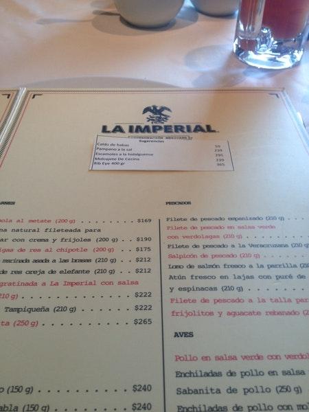 Menu at La Imperial Samara Santa Fe pub & bar, Mexico City, Av. Santa Fe 94