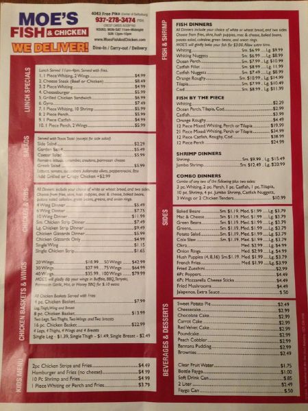 Menu at Moe's Fish & Chicken restaurant, Dayton