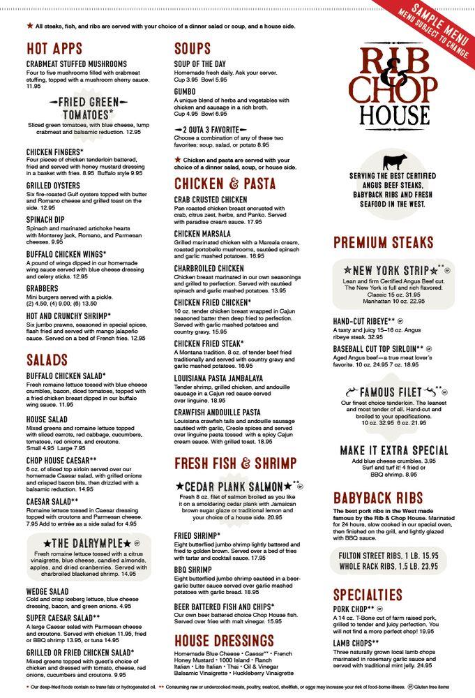 Menu at Montana's Rib & Chop House - Butte steakhouse, Butte
