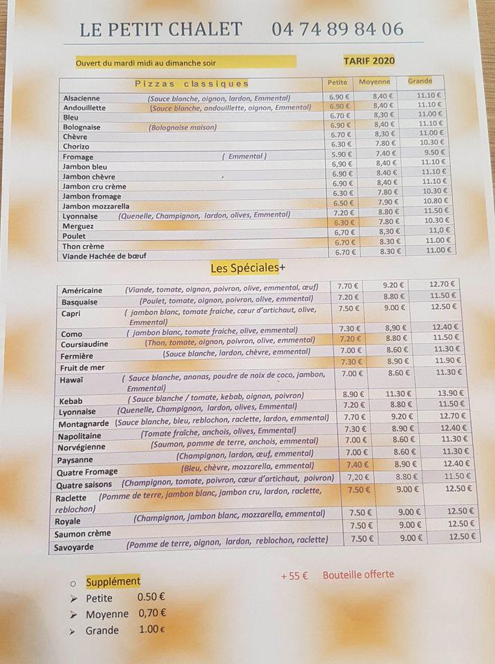 Carta de pizzería Petit Chalet Le, Cours-la-Ville