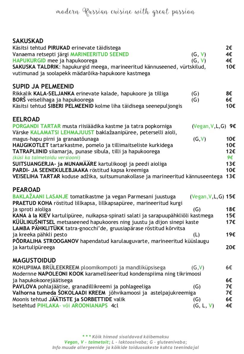 Menu at Restaurant Moon, Tallinn