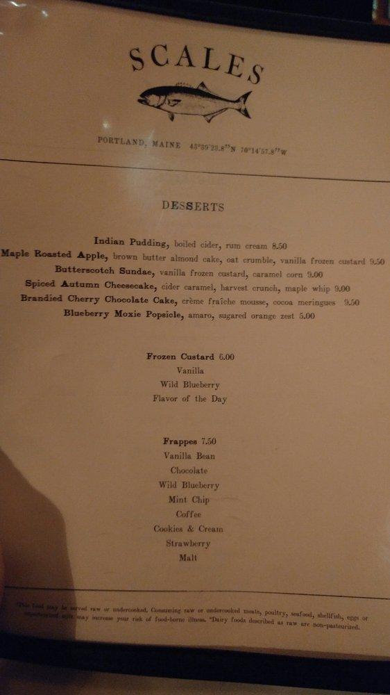 Menu at Scales restaurant, Portland, 68 Commercial St