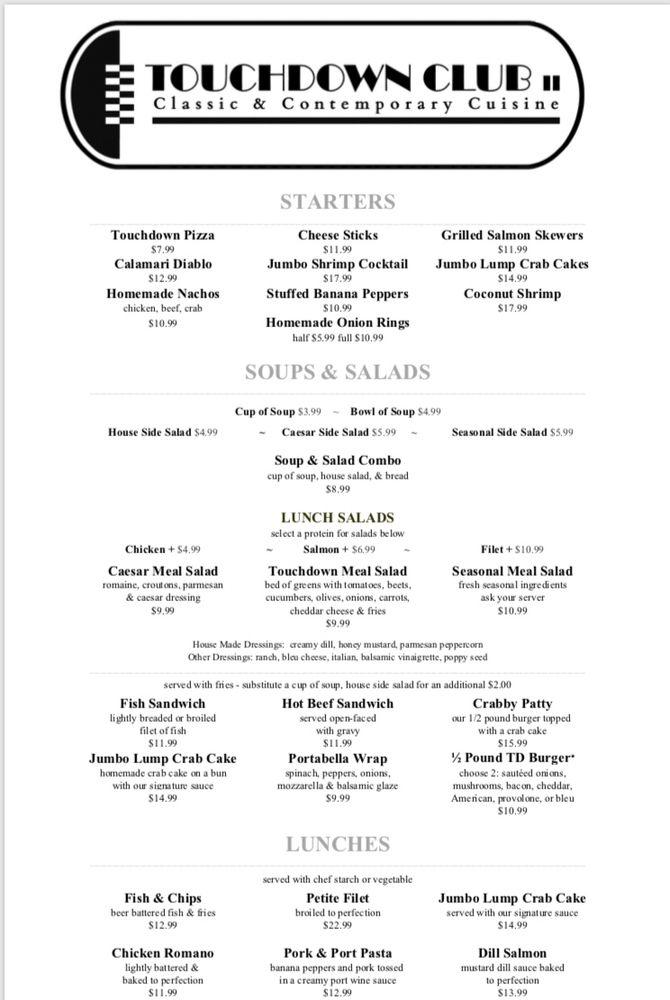 Menu at Touchdown Club II, Latrobe