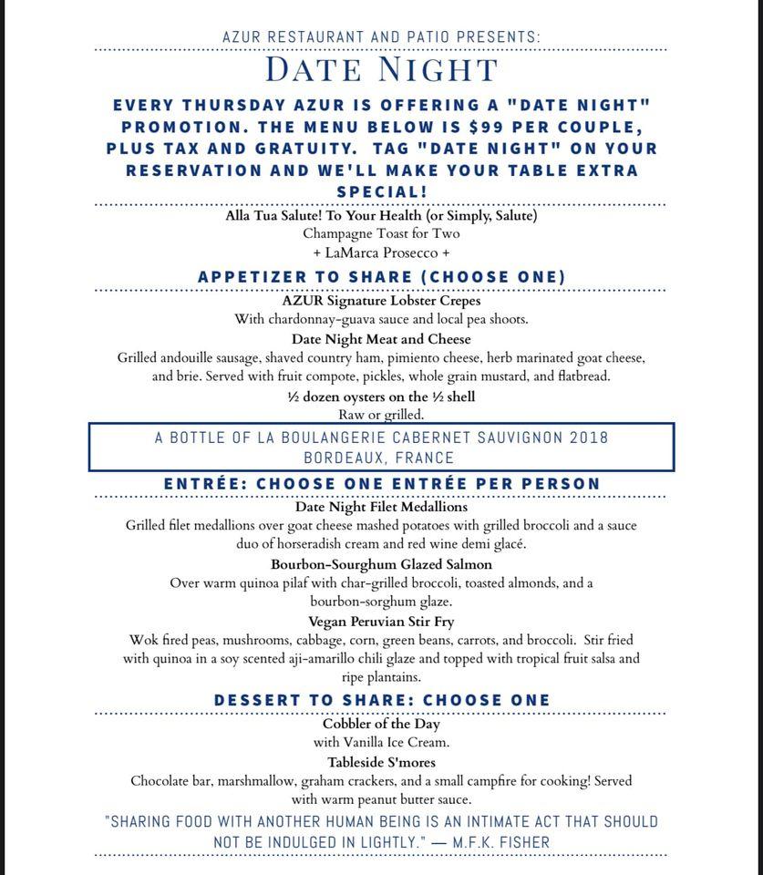 Menu at Azur Restaurant and Patio, Lexington