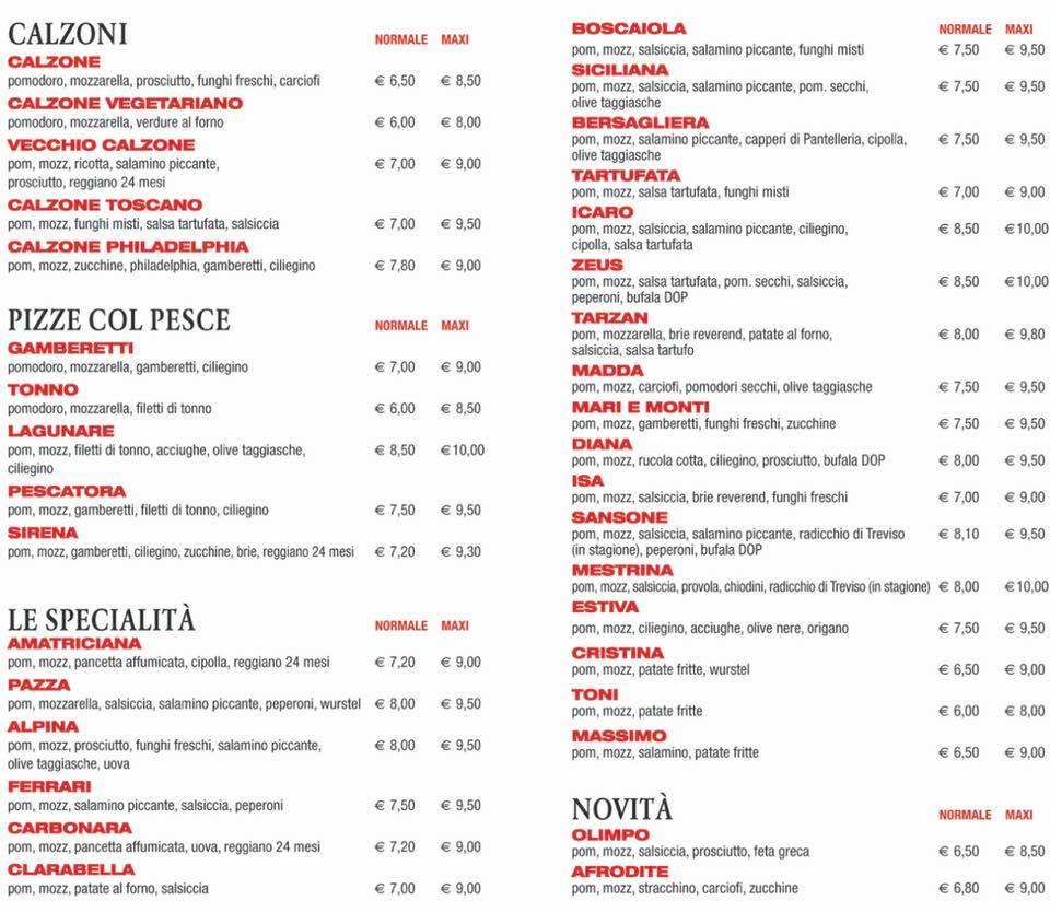 Menu at Apollo La Pizza Mestre restaurant, Venice