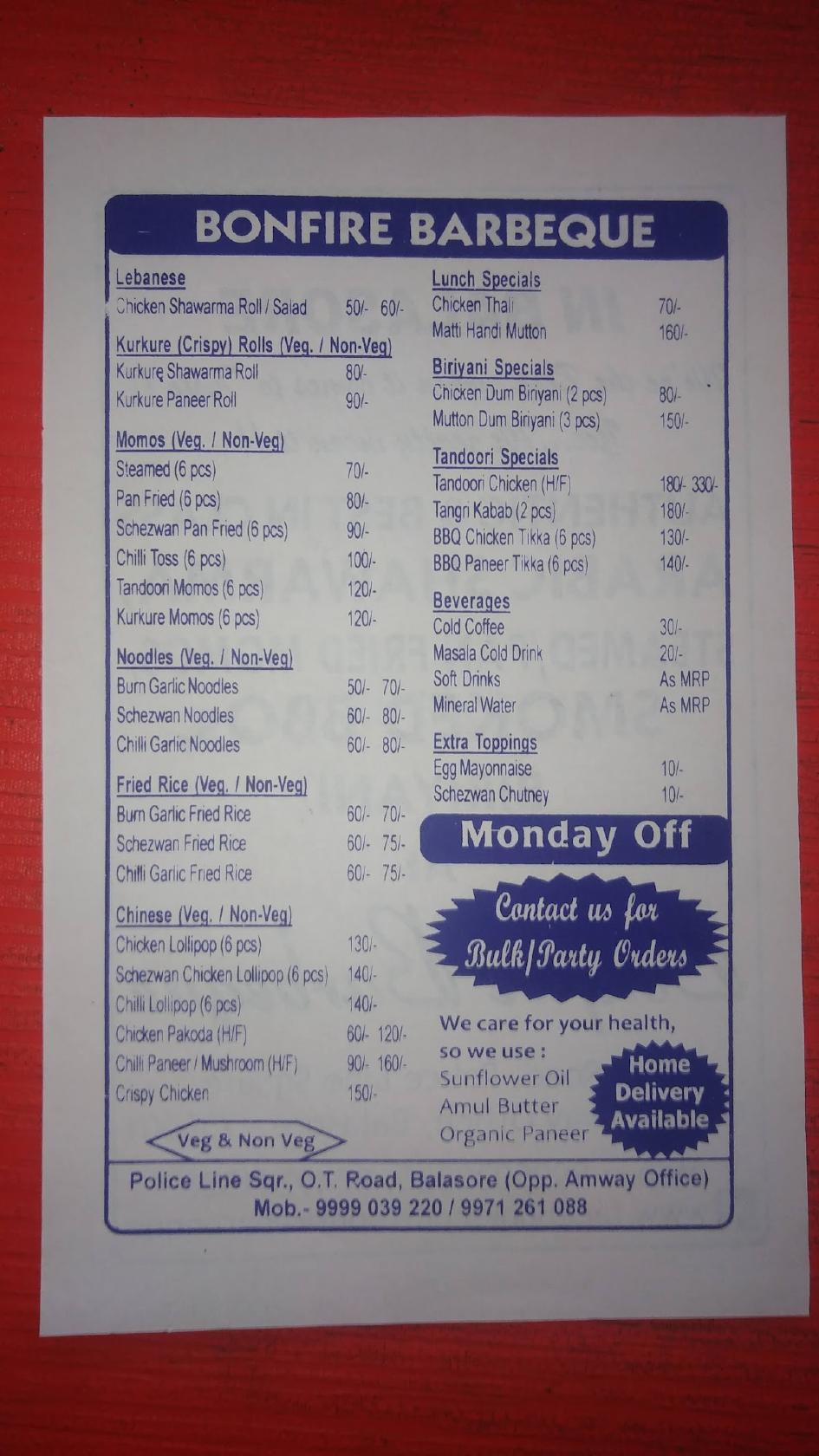 Menu at Bonfire Barbeque, Balasore