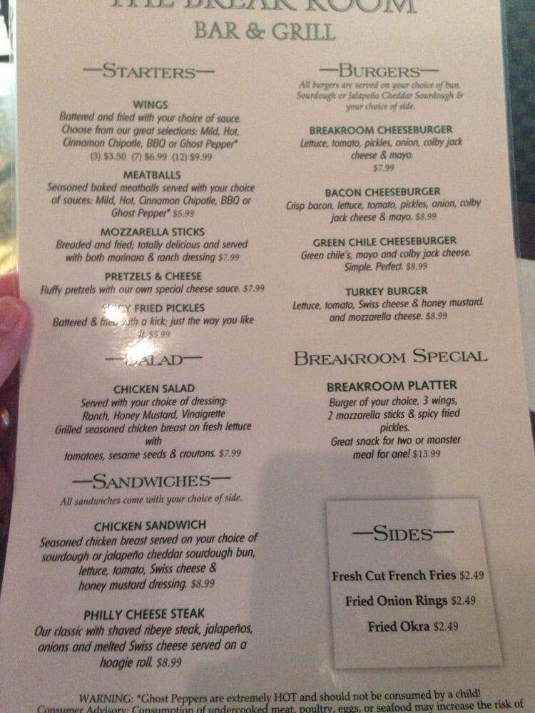 Menu at The Break Room Bar & Grill, Crowley