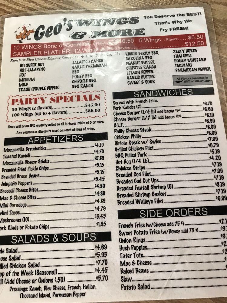 Menu at Geo's Wings & More BBQ, Belleville
