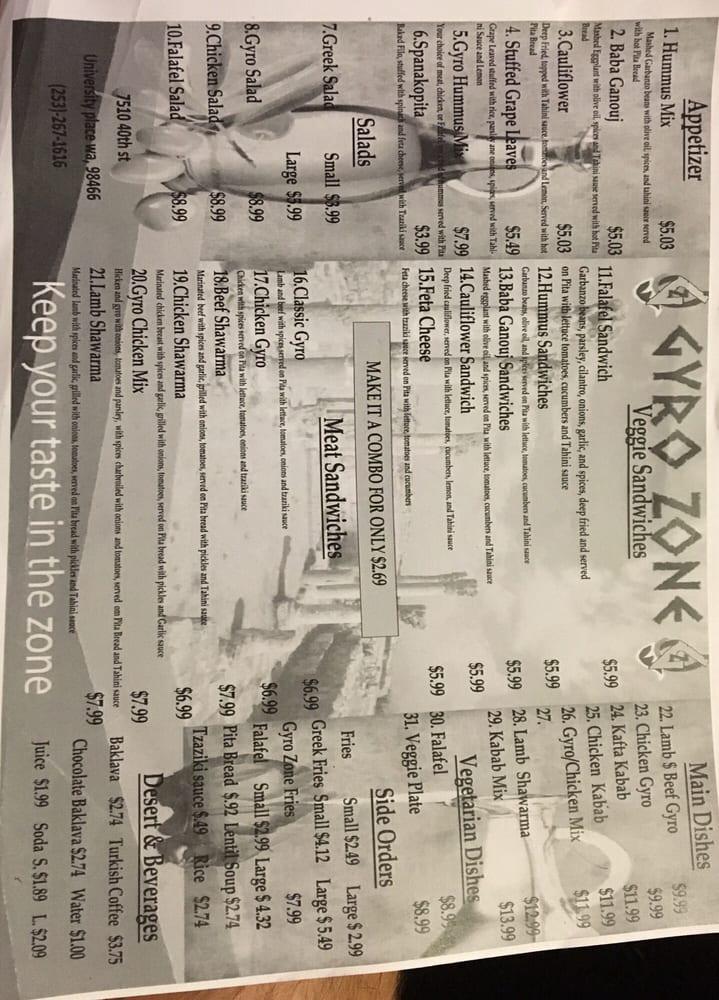 Menu at Gyro Zone restaurant, University Place