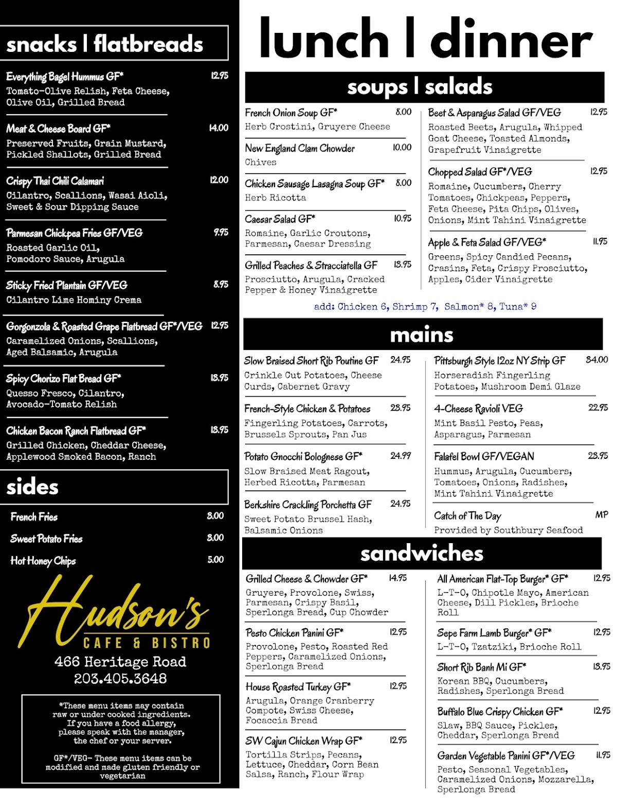 Menu at Hudson's Cafe & Bistro, Southbury