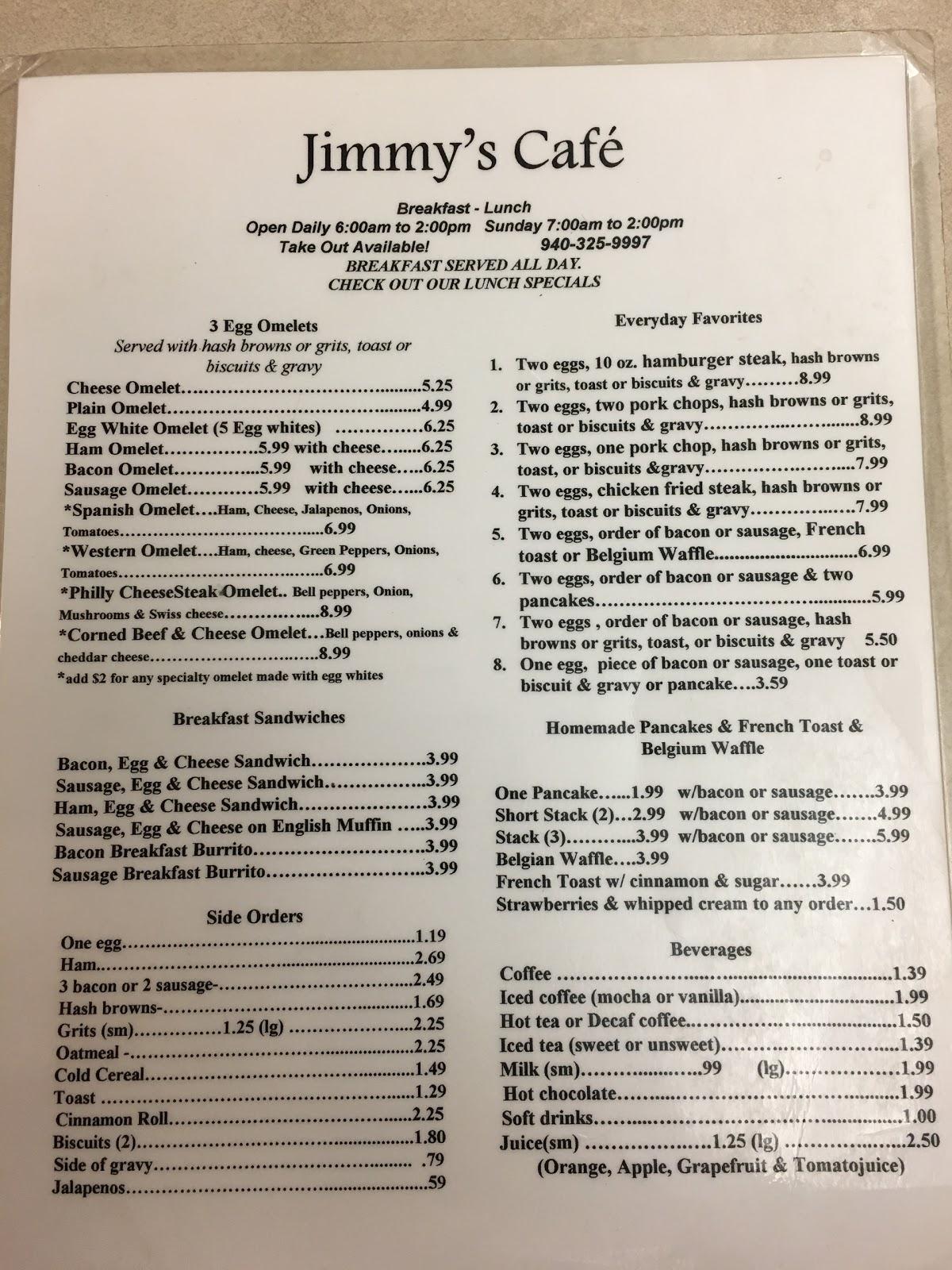 Menu at Jimmy's Cafe, Mineral Wells