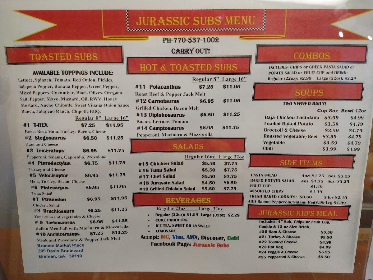 Menu at Jurassic Subs restaurant, Bremen, 209 Davis Blvd