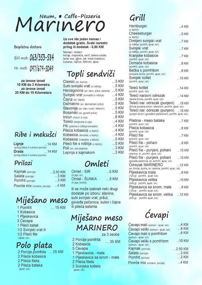 Menu at Marinero restaurant, Neum