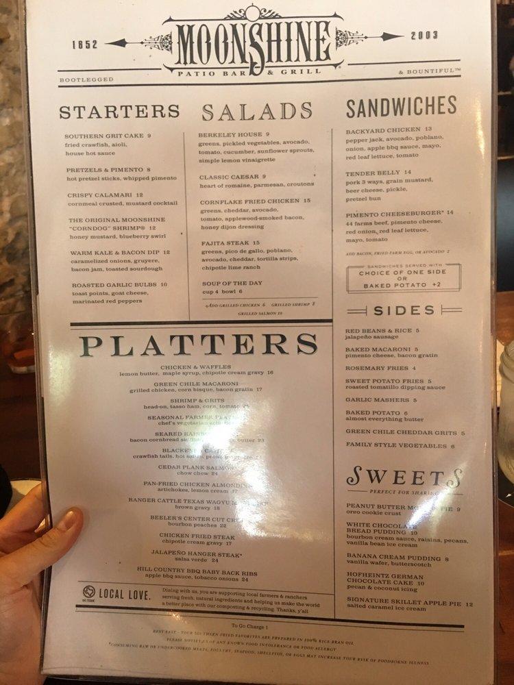 Menu at Moonshine Grill pub & bar, Austin, 303 Red River St