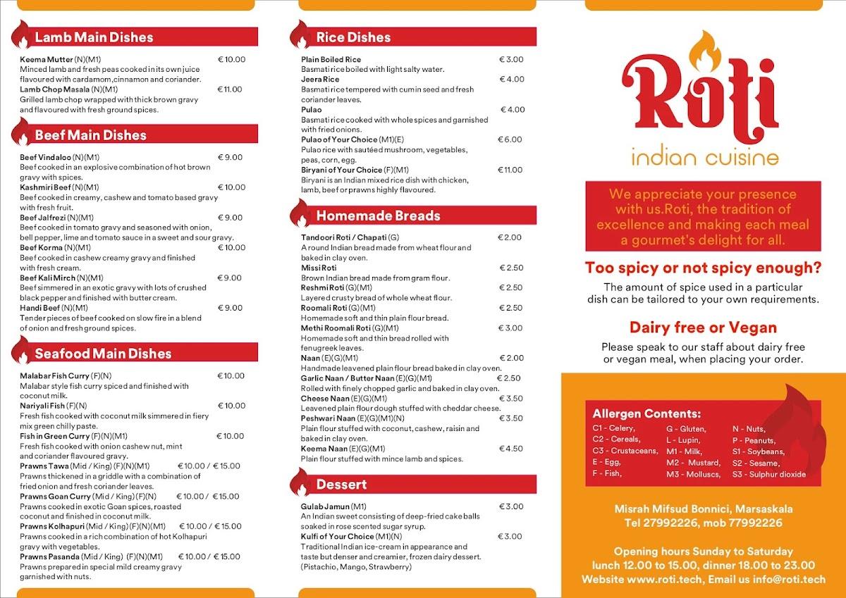 Menu at Roti indian cuisine restaurant, Marsaskala
