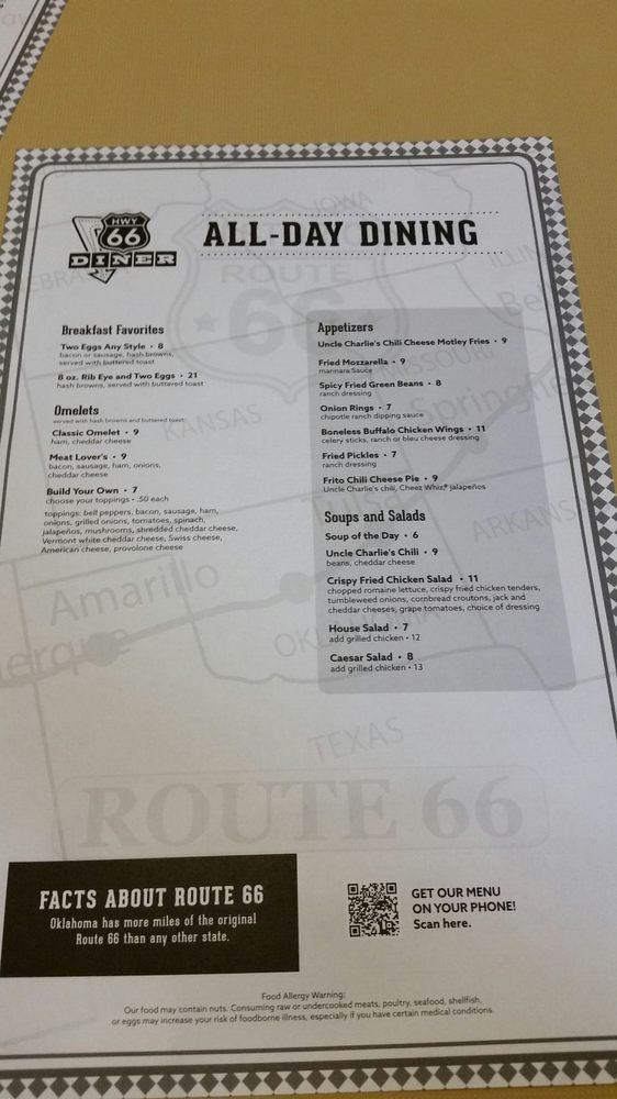 Menu at Route 66 Diner restaurant, Catoosa, Timbercrest Cir