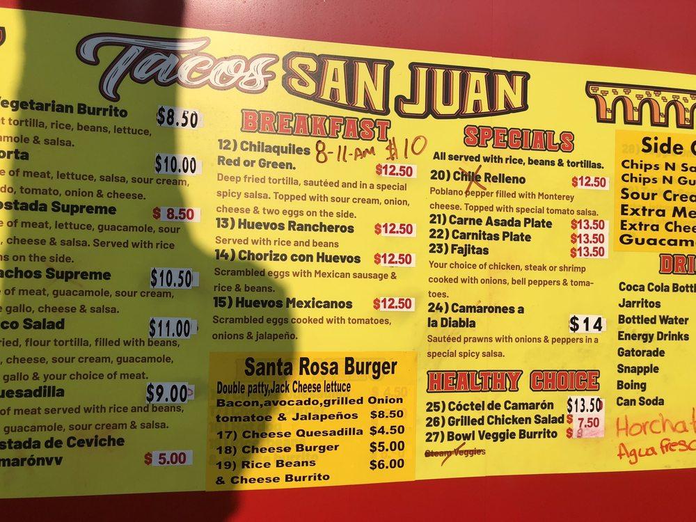 Carta de Tacos San Juan, Rohnert Park