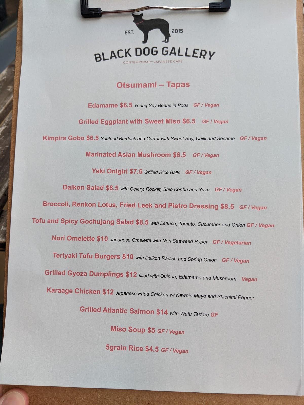 Menu at Black Dog Gallery cafe, Tusmore