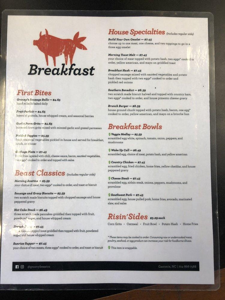 Menu at Groovy Beast restaurant, Gastonia