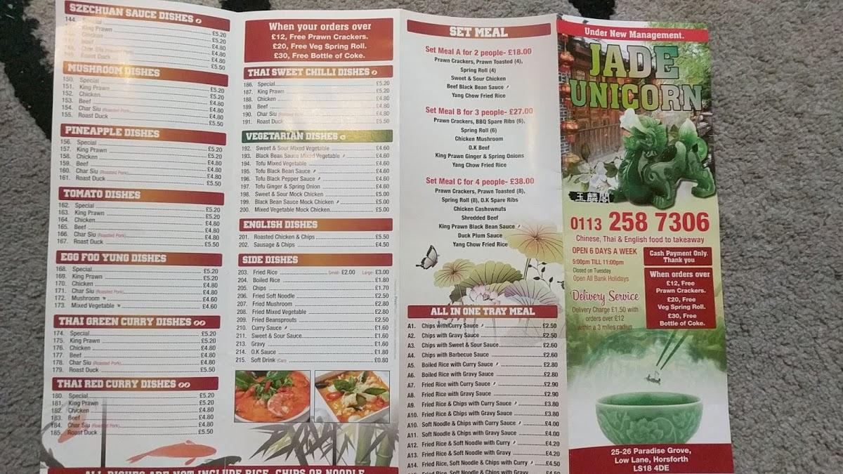 Menu at Jade Unicorn fast food, Leeds
